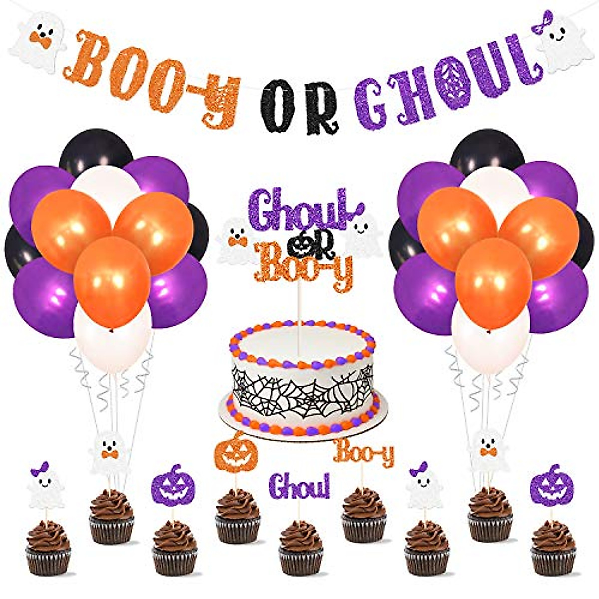 Halloween Gender Reveal Decorations Kit Boo-y or Ghoul Baby Shower Party Banner Cake Cupcake Topper Purple Orange Balloons Fall Boy Or Girl October Sex Announcement Ideas Favor Supplies