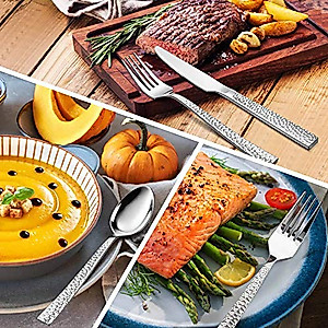 Hammered Silverware Set, E-far 40-Piece Stainless Steel Square Flatware Set for 8, Metal Tableware Cutlery Set Includes Dinner Knives/Forks/Spoons, Modern Design & Mirror Polished - Dishwasher Safe