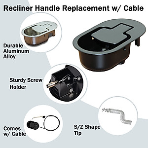 2 Pack - Metal Recliner Handle Replacement Part with Pull Cable Compatible with Ashley Lazy Boy and Most Recliner Sofa Brands, Made of Aluminium Alloy, Size 4.3" x 2.6", Cable Length 36.8"