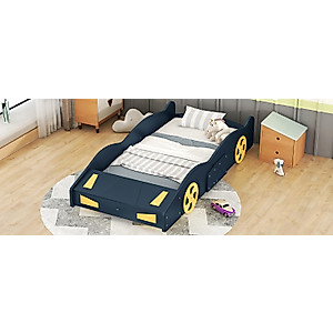 Twin Size Race Car-Shaped Platform Bed Frame for Boys Girls Kids Adults Toddler with Wheels and Storage, Dark Blue+Yellow