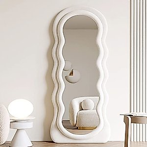 Otlsh Wavy Floor Mirror, 63" x 24" Full Length Mirror with Stand, Flannel, Irregular Wavy Mirror, Wave Pattern, Wavy Standing Mirror, Large Wall Mirror, Freestanding White