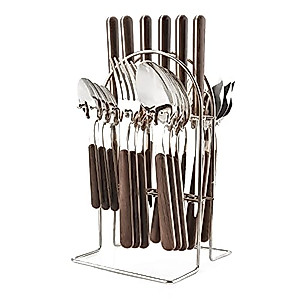 Snplowum 24-Piece Wooden Handle Stainless Steel Flatware Set With Cutlery Holder, Hanging Tableware Home Kitchen Utensils Service For 6, Mirror Silver Polish