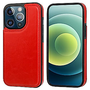 ONETOP Compatible with iPhone 13 Pro Max Wallet Case with Card Holder,PU Leather Kickstand Card Slots Case, Double Magnetic Clasp and Durable Shockproof Cover 6.7 Inch(Red)