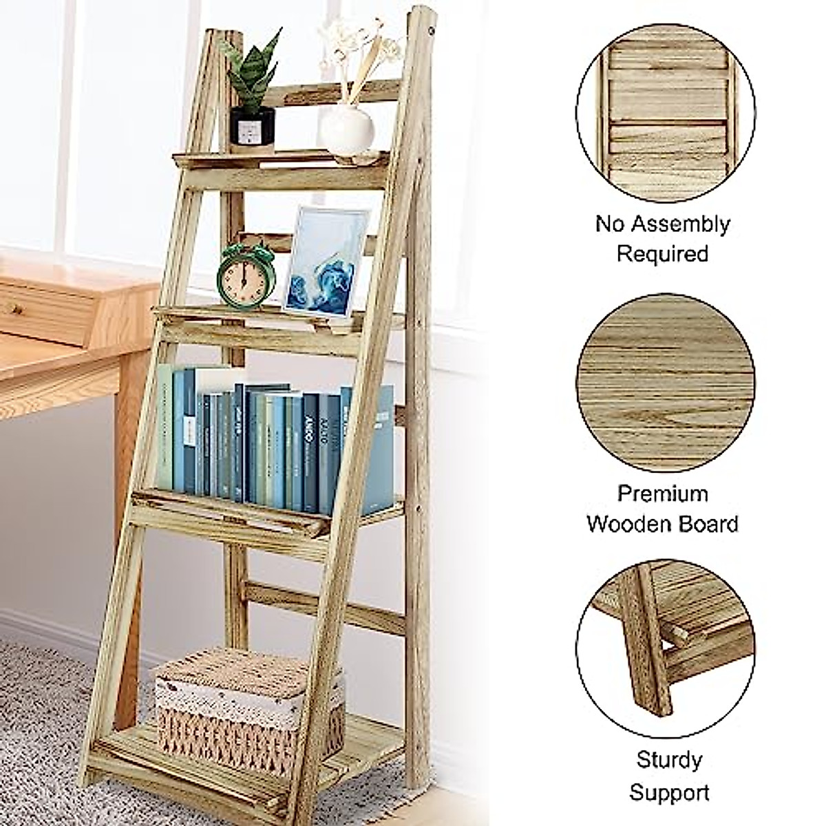 Babion Wood Ladder Shelf, 4-Tier Foldable Plant Shelf, Rustic Brown Indoor Plant Stand, Storage Rack Plant Stand for Home, Bedroom, Bathroom, Office, Industrial Style, Wooden Frame
