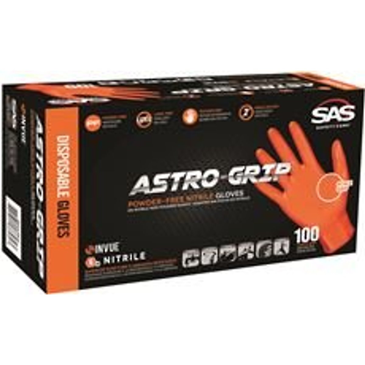 SAS SAFETY 66574 ASTRO-GRIP DISPOSABLE POWDER-FREE NITRILE GLOVES, EXTRA-LARGE, ORANGE, 7 MIL, 100 GLOVES PER BOX (2 BOXES PER CASE)