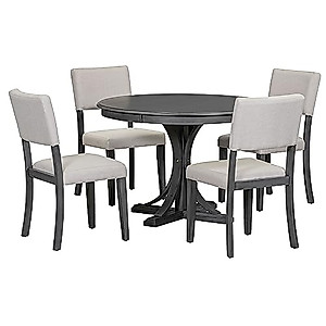 AosBet Dark Grey 5-Piece Retro Round Dining Table Set with Curved Trestle Style Table Legs & 4 Upholstered Chairs - Perfect for Dining Rooms