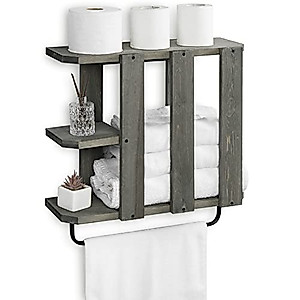 MyGift Wall Mounted Vintage Gray Wood Bathroom Folded Towel Storage Organizer and Towel Rack with Display Shelves and Industrial Metal Pipe Hanging Bar