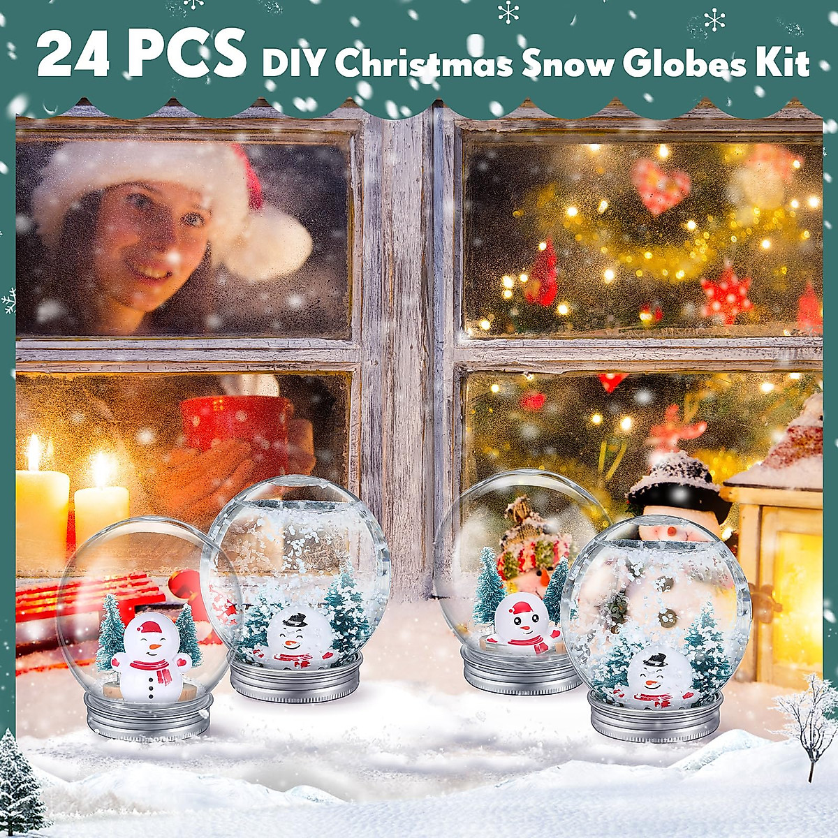Jerify 24 Sets 3.6 Inch Christmas Clear Plastic Snow Globes Kit Snow Globe Water Globe with Christmas Tree Faux Snow Flakes Snowman Screw Off Cap for DIY Snow Globes Home Decoration Crafts