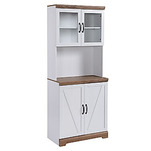 HOMCOM 70" Farmhouse Kitchen Buffet with Hutch, Kitchen Pantry Storage Cabinet with Glass Doors, Adjustable Shelves, Open Microwave Countertop, White