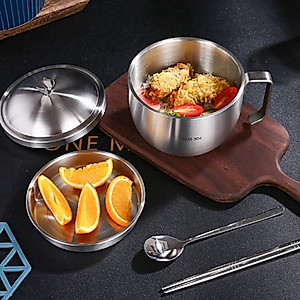 Noodle Bowl with Lid, Stainless Steel Soup Bowls Double Layer Food Container for Storing/Soaking Soup Noodle Ramen at Home Dorm Office