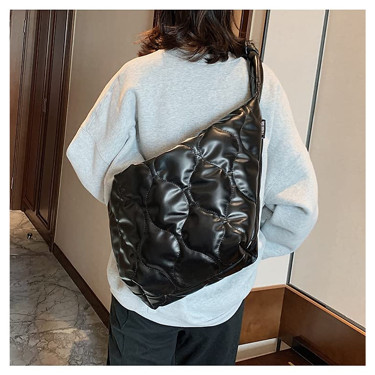 Large Puffy Tote Bag for Women, Lightweight Quilted Cotton Padded Puffy Shoulder Bag, Down Designer Handbag Crossbody Bag (Black)
