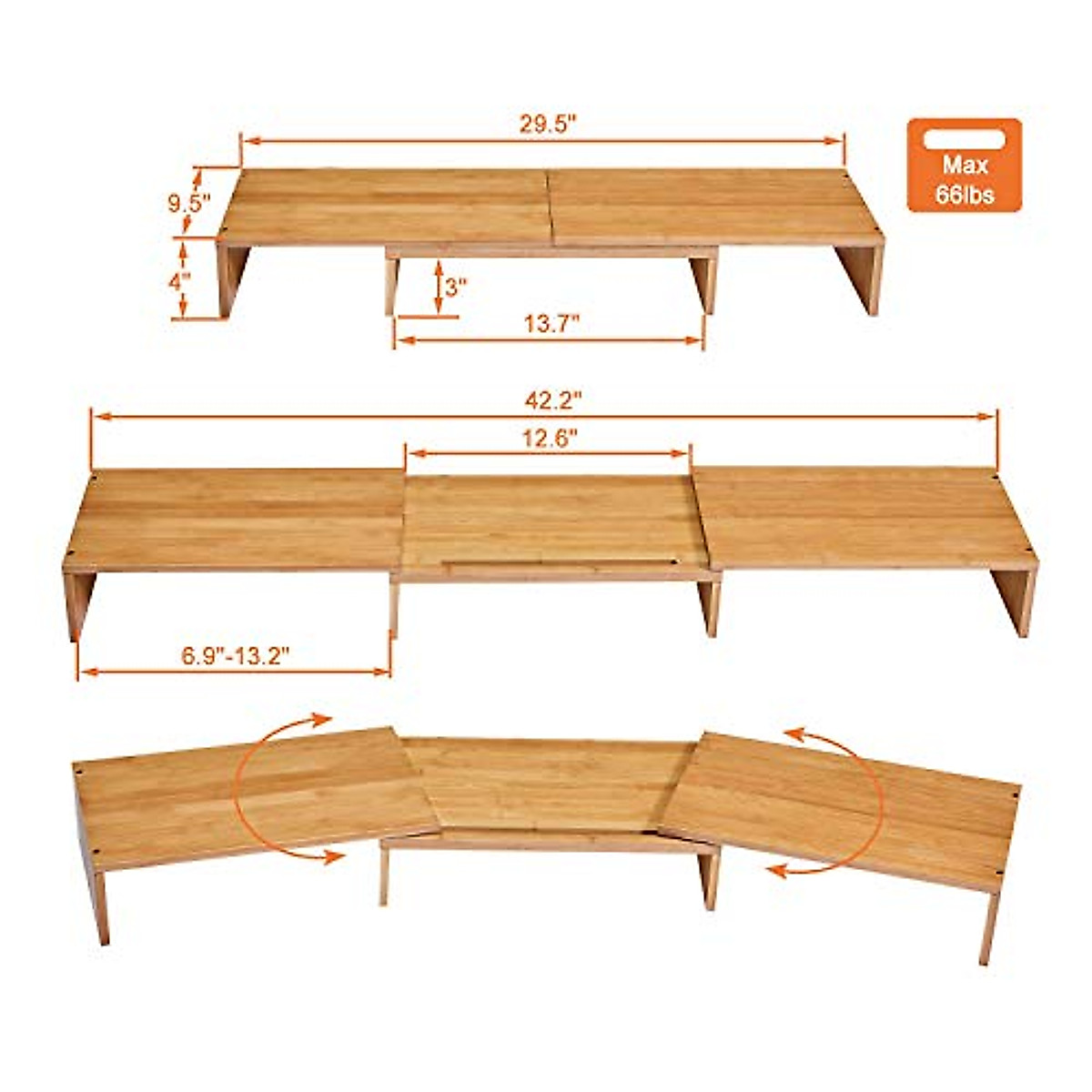 Dual Monitor Stand Riser,3 Shelf Screen Stand with Adjustable Length and Angle,Desktop Stand Storage Organizer for Laptop Computer, TV, PC, Printer, Multi Media Speaker-Bamboo Burlywood by HUVIBE