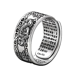 Feng Shui Pixiu Mantra Ring Buddhist Lucky Amulet Mantra Double Protection Wealth Ring Jewelry Adjustable Ring for Women Men (Xiang Yun)