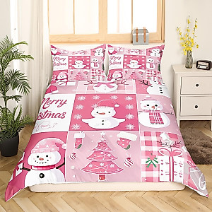 Xmas Duvet Cover Set Queen Size,Snowman Christmas Tree Snowflake Bedding Set for Kid Boys Girls Room Decor,Pink Plaid Comforter Cover 3Pcs,Merry Christmas Bedspreads Cover,2 Pillowcases(NO Comforter)