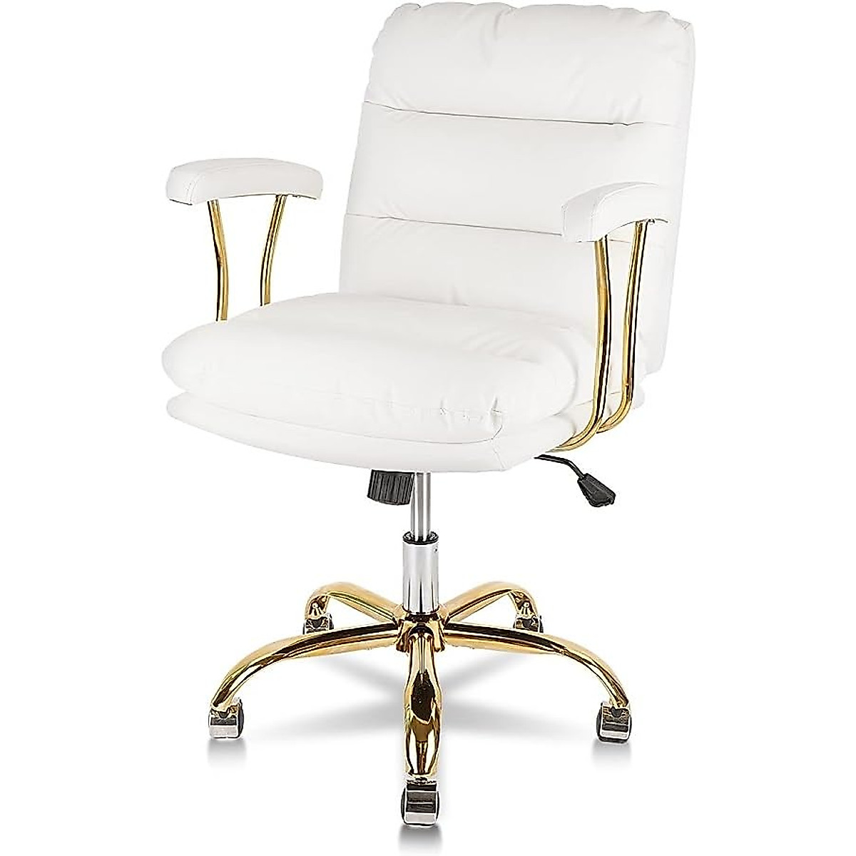 KLASIKA Ergonomic Office Desk Chair for Heavy People with Wheels and Arms, Faux Leather Computer Chair for Home Bedroom Office, White Chair Gold Caster