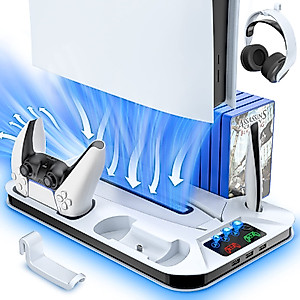 Stand with Cooling Fan and Dual Controller Charger for PS5 Cooling Station Accessories with Cooling Fan Controller Charging Station with 13 Game Slots Headset Holder(Not Fit PS5 Slim Versions)