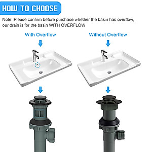 Bathroom Sink Drain with Overflow, Push and Seal Pop Up Drain Stopper Lift Rod, 2 Pack Bathroom Lavatory Vanity Vessel Drain Compatible with Moen, American Standard, Universal Drain Hole, Matte Black