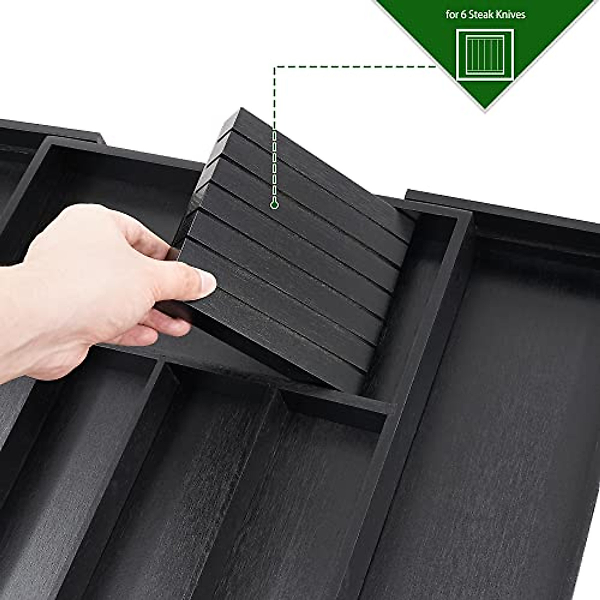 VaeFae Bamboo Silverware Drawer Organizer Kitchen, Expandable Utensil Holder and Cutlery Tray with Divider | 13"-21.6" Flatware Storage and Removable Knife Block (Black)