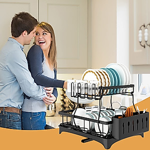 YQYHO 2-Tier Dish Drying Racks for Kitchen Counter with 360° Retractable Drainage System, Large-Capacity Collapsible Anti-Corrosion Dish Rack(Black)