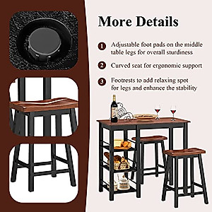 COSTWAY 3 Pieces Pub Table and Chair Set, Counter Height Dining Table Set with 2 Stools and 3 Storage Shelves, Industrial Wood Kitchen Table Set for Bar Bistro, Living Room, Restaurant