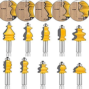 LEATBUY 10 PCS Architectural Molding Router Bit Set 1/2-Inch Shank, Corner Rounding Edge-forming Roundover Beading Router Bit Sets, Carbide CNC Woodworking Milling Tools(1/2-10 Line)