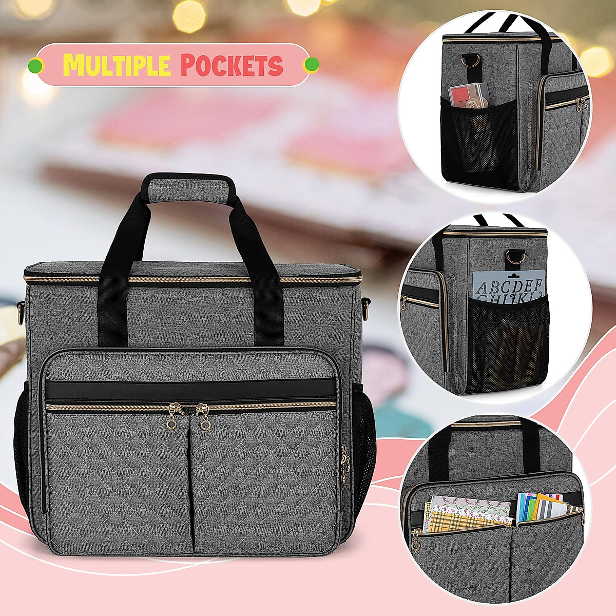 Luxja Craft Bag for Scrapbook Supplies (Fits 12 x 12 inch Scrapbook Album and 15.6” Laptop), Scrapbook Tote Bag with Multiple Pockets (Patent Pending), Gray