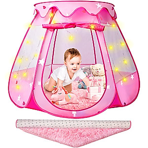 Princess Castle Girls Play Tent with Rug Pop Up Play Tent for Toddlers Kids DISHIO Playhouse Toys for 1 Year Old Birthday Gift Fairy for Girls with Lights Indoor Outdoor Kids with Mat