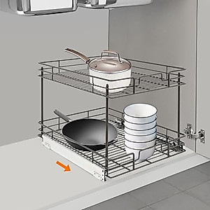 YETINGSHOP Version Pull Out Cabinet Organizer for Base Cabinet, Kitchen Cabinet Organizer and Storage 2-Tier Cabinet Pull Out Shelves Under Cabinet Storage for Kitchen (Gray, 16.5" W X 21.5" D)