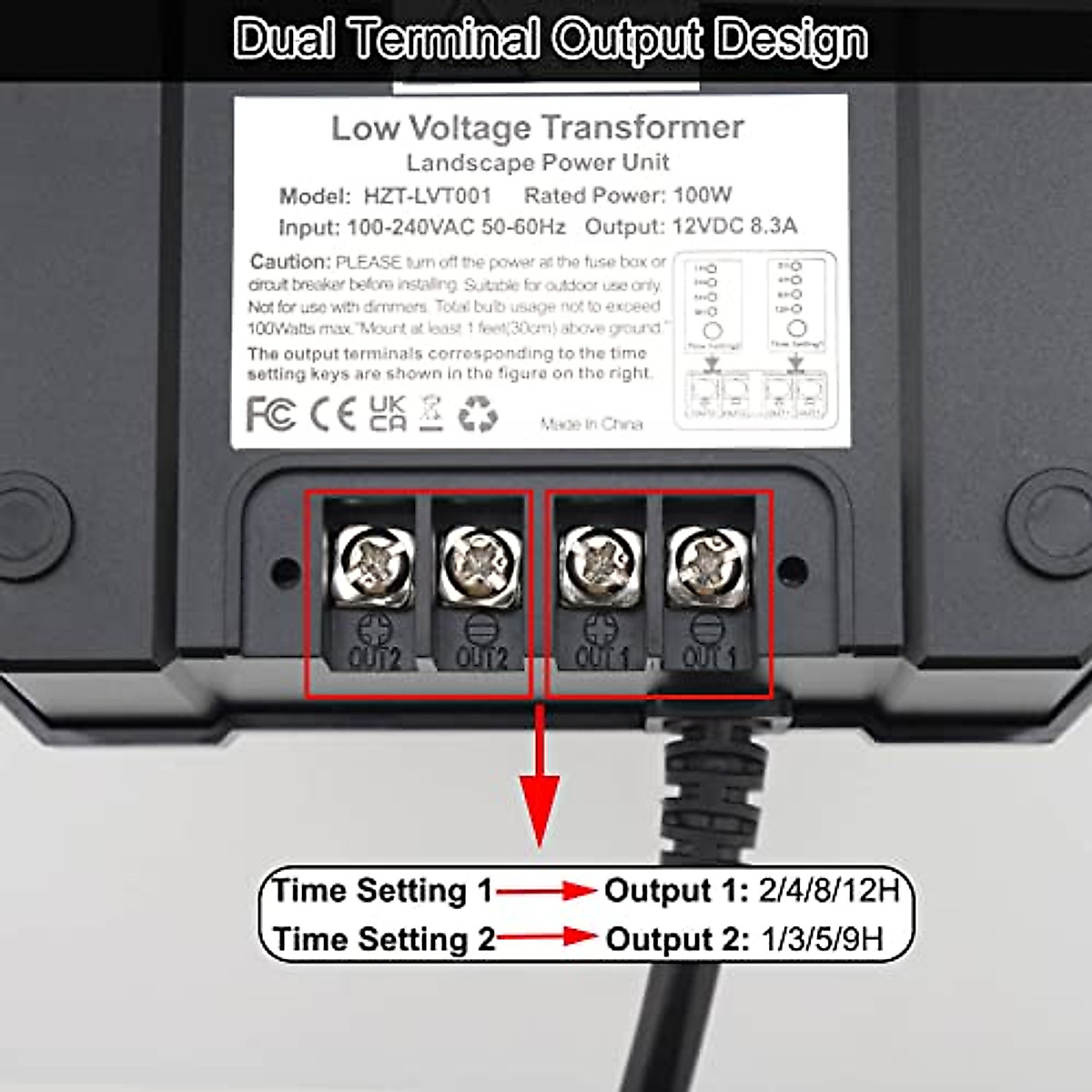 Derekland Low Voltage Transformer, 100W Landscape Lighting Transformer with Timer and Photocell Sensor, Waterproof Dual Output 120V to 12V DC Power Supply for Spotlight Pathway Light Deck Light