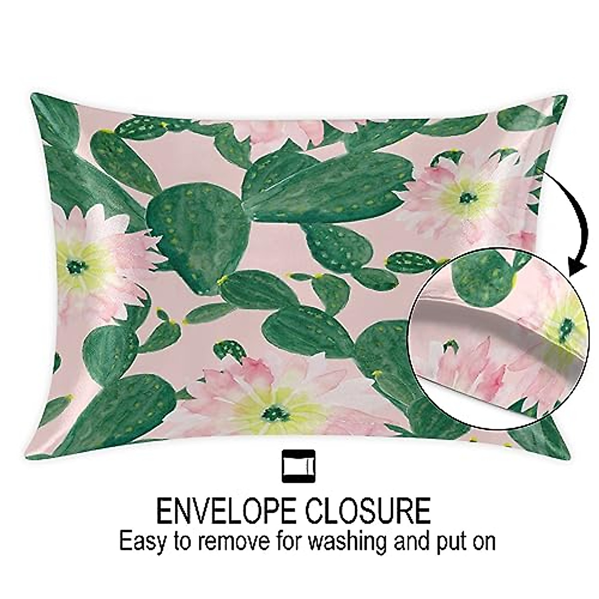 Cactus Floral Flower Satin Pillow Cases Silk Satin Pillowcase for Hair and Skin Standard Set of 2 Super Soft Silk Pillowcase with Envelope Closure (20x26 in)