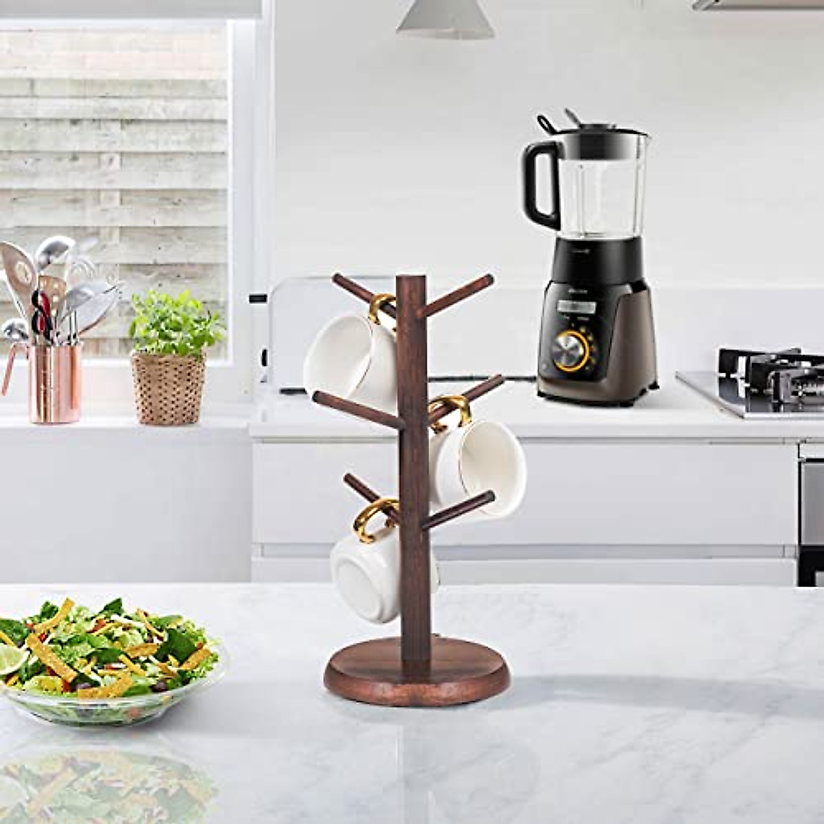 Dorhors Coffee Mug Holder,Coffee Mug Tree,Coffee Organizer Station with 6 Hooks,Wood Coffee Mug Holders for Counter,Coffee Bar Accessories and Decor,Walnut