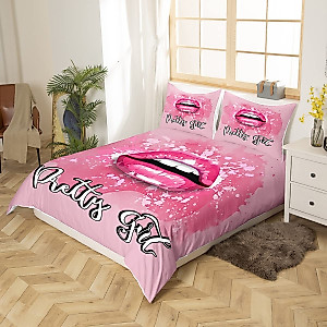 Erosebridal 3D Print Bed Sets Full Size,Pink Lip Duvet Cover for Kids Girls Women Teens,Sexy Theme Comforter Cover for Home Room Decor,Romantic Valentines Day Bedding Sets with 2 Pillow Covers