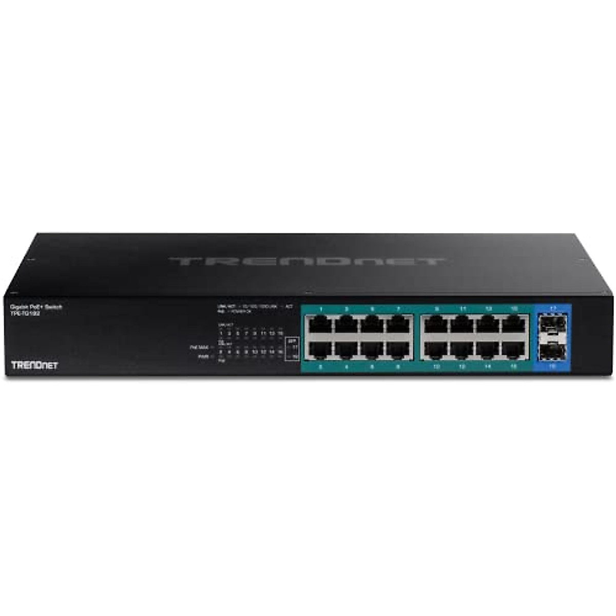 TRENDnet 18-Port Gigabit PoE+ Switch, 16 x 30W PoE+ Ports, 2 Gigabit SFP Slots, 240W PoE Budget, 36Gbps Switching Capacity, 1U 19” Rack Mountable, Lifetime Protection, Black, TPE-TG182