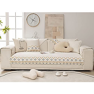 vctops Boho Geometric Embroidery Sofa Couch Cover Cotton Love Heart Quilted Sectional Couch Covers Non-Slip Washable Sofa Slipcover for Dogs, Children, Pets Furniture Protector (Cream,36"x63")