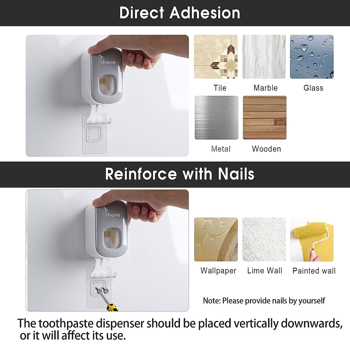 iHave Toothbrush Holder Wall Mounted with Toothpaste Dispenser - Easy to Install, Sturdy, and Stylish Bathroom Decor & Bathroom Accessories