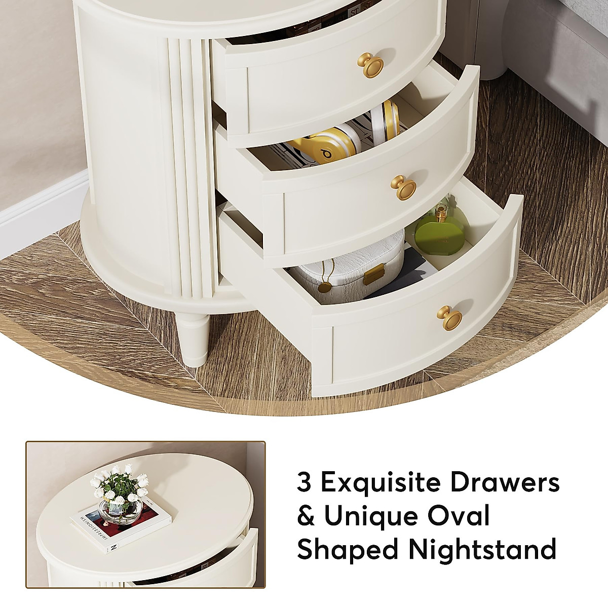 Tribesigns Nightstand with 3 Drawers, Oval Bed Side Table for Bedroom, Fully Assembled, Modern Night Stand with Storage, Wooden Side End Table with Solid Wood Legs for Living Room, Beige White