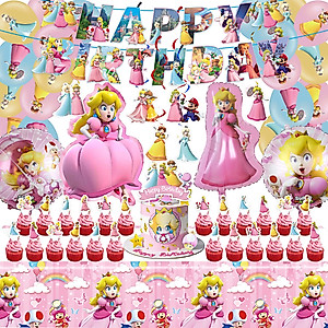 Princess Peach Birthday Party Supplies, Princess Peach Party Decorations, Princess Peach Party Favors Include Banners, Hanging Swirls, Balloons, Cake Decoration, Cupcake Toppers, Tablecloth
