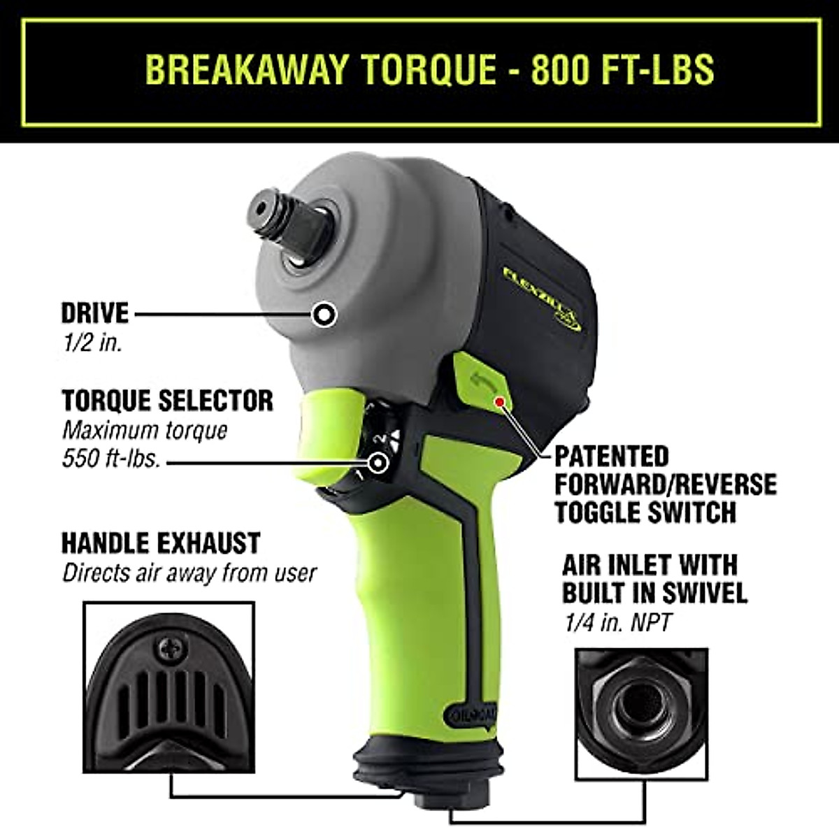 Flexzilla Pro Mini Impact Wrench, 1/2" Drive, with High Flow Ball Swivel Plug - AT1475FZ