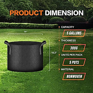 iPower 5 Gallon 5 Pack Grow Bags Nonwoven Fabric Pots Aeration Container with Strap Handles for Garden and Planting, 5-Pack Black, 5 Gallon