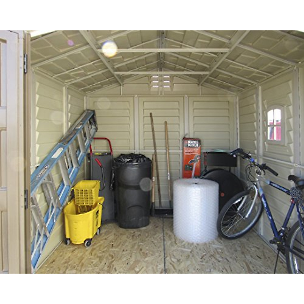 Duramax 0638801402145 Woodbridge Plus 10.5 x 8 Plastic Garden Shed with Foundation Kit & Fixed Window Brown-15 Years Warranty, 10x8, Brown & Ivory