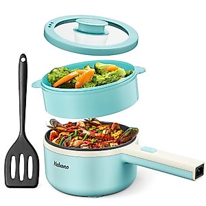 Yabano Electric Pot, 850W Non-Stick Electric Hot Pot with Steamer,1.6L Noodles Cooker with Dual Power Control, Portable Pot For Dorm, Office, Travel with Silicone Spatula Included, BPA Free, Aqua