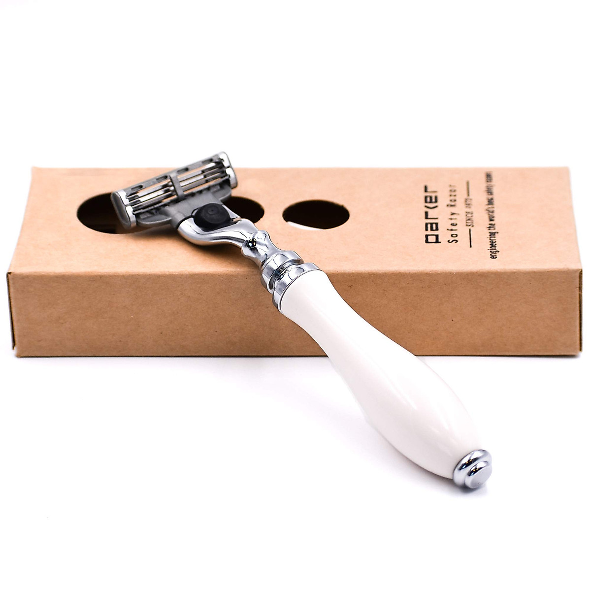 Parker – Deluxe Mach 3 Razor with Triple Blades for Close Shave – Premium White Resin Handle with Chrome Trim