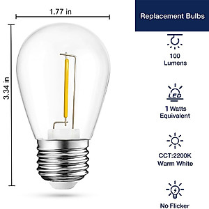 SDUCSL S14 Outdoor String Light Bulbs,1W Replacement 11W Incandescent Bulb, 2200K Warm White, 1 Watt Shatterproof Plastic Vintage Edison LED Light Bulbs, Waterproof, E26 Screw Base(16 Pack)