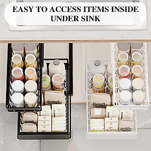 MEIJIA Double Sliding Cabinet Organizer Drawer, 2 Tier Pull Out Under Sink Organizers And Storage Bathroom And Kitchen, Metal L-Shaped Under Cabinet Organizer And Storage - White