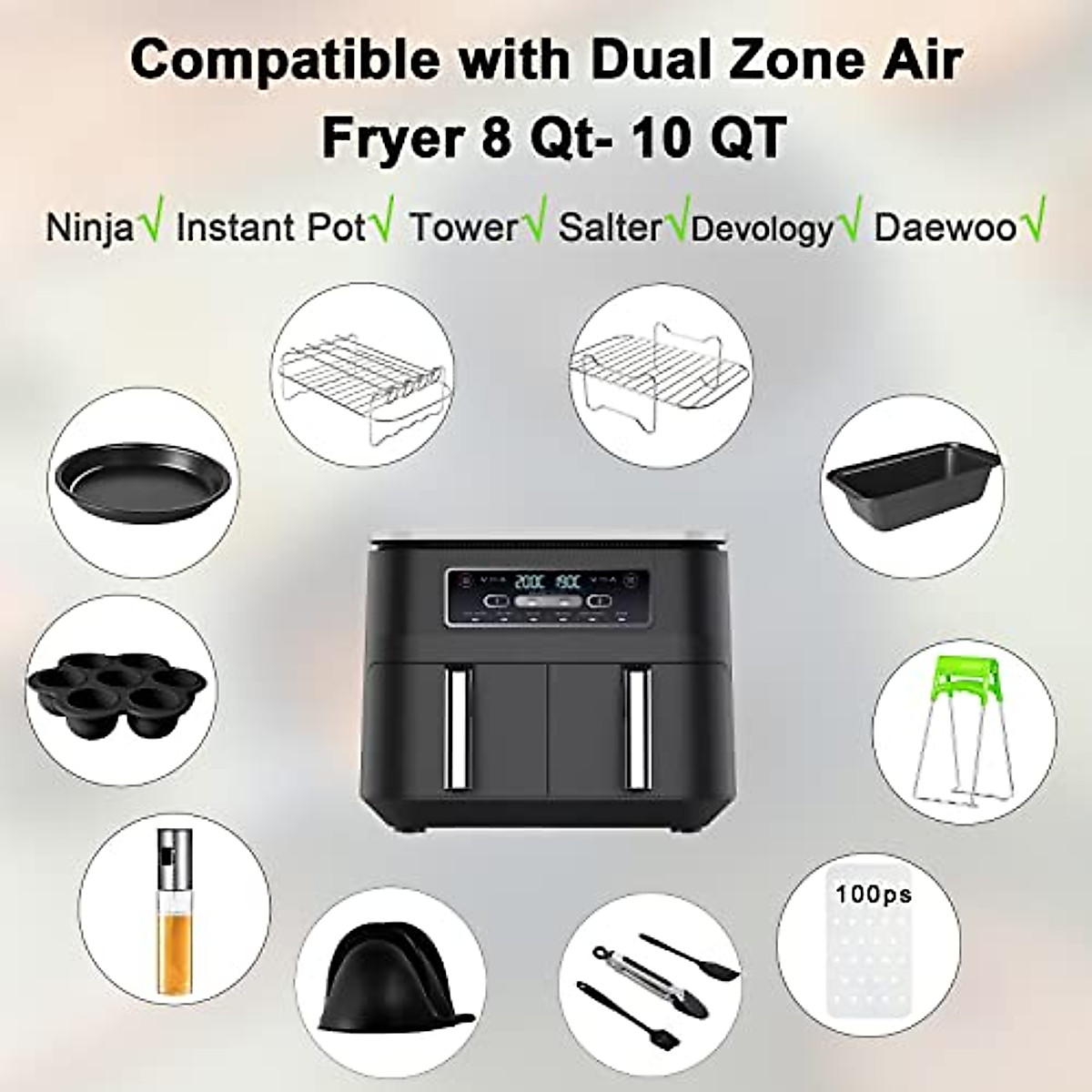 RichHomie Dual Zone Air Fryer Accessories for Ninja, 12 Pcs Dual Air Fryer Accessories Set Suitable for Ninja Dual Air Fryer DZ201 8 Quart or Larger Dual Air Fryers Oven
