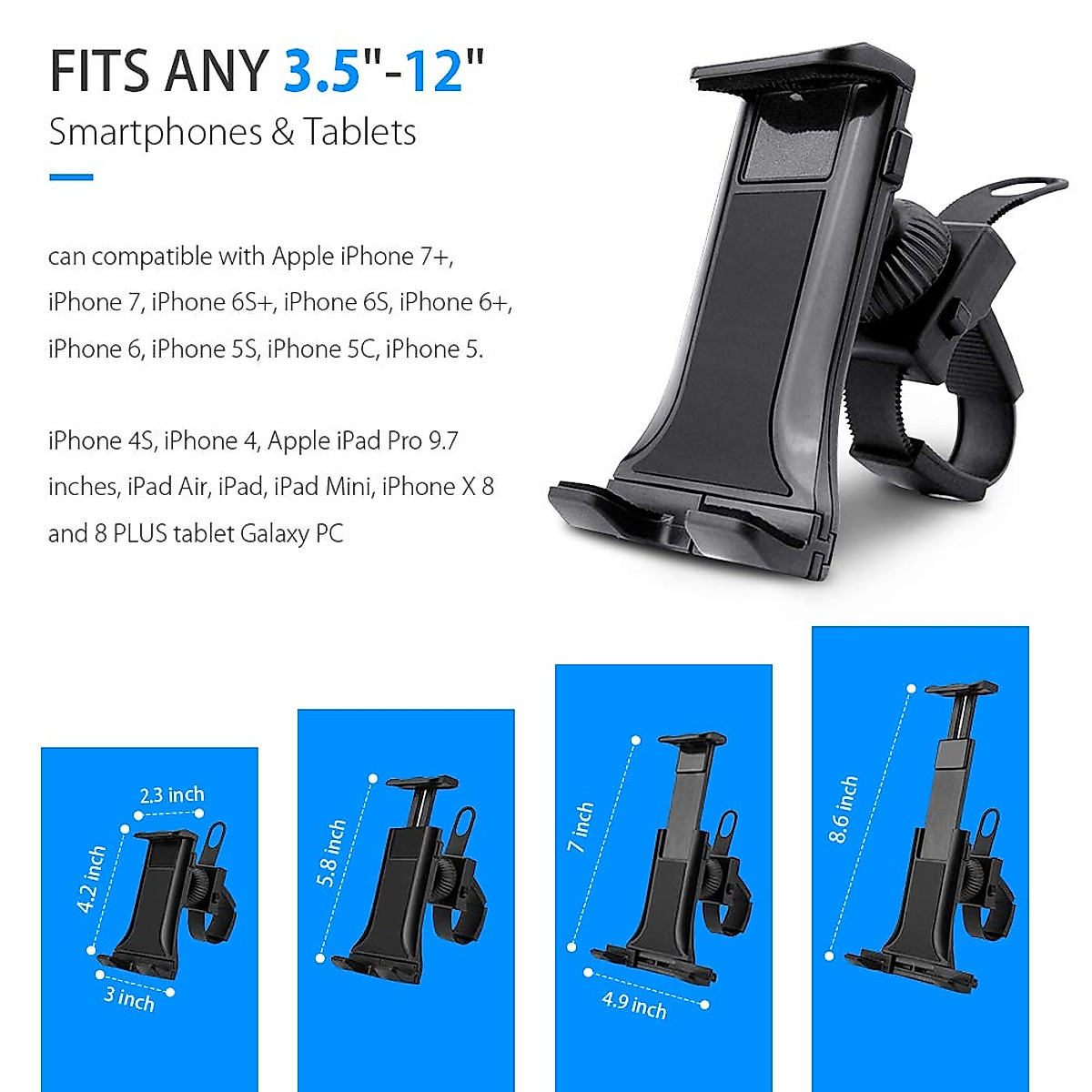 TEKCAM Bike Tablet Holder Handlebar Mount Compatible with iPad iPhone Kindle 360°, 3.5'' to 12'' Cradle Tablet Stand for Gym Exercise Tread Mill Spin Bike Elliptical MTB Motorcycle,(Need Install)