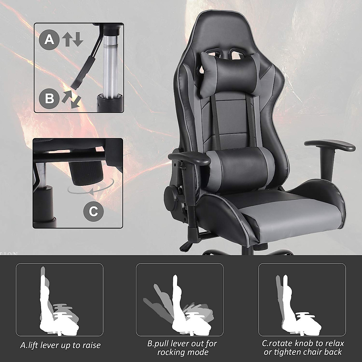 Office Chair Ergonomic Gaming Chair Computer Desk Chair Reclining Video Game Chair High Back PU Leather Executive Swivel Chair with Adjustable Armrests, Headrest and Lumbar Support