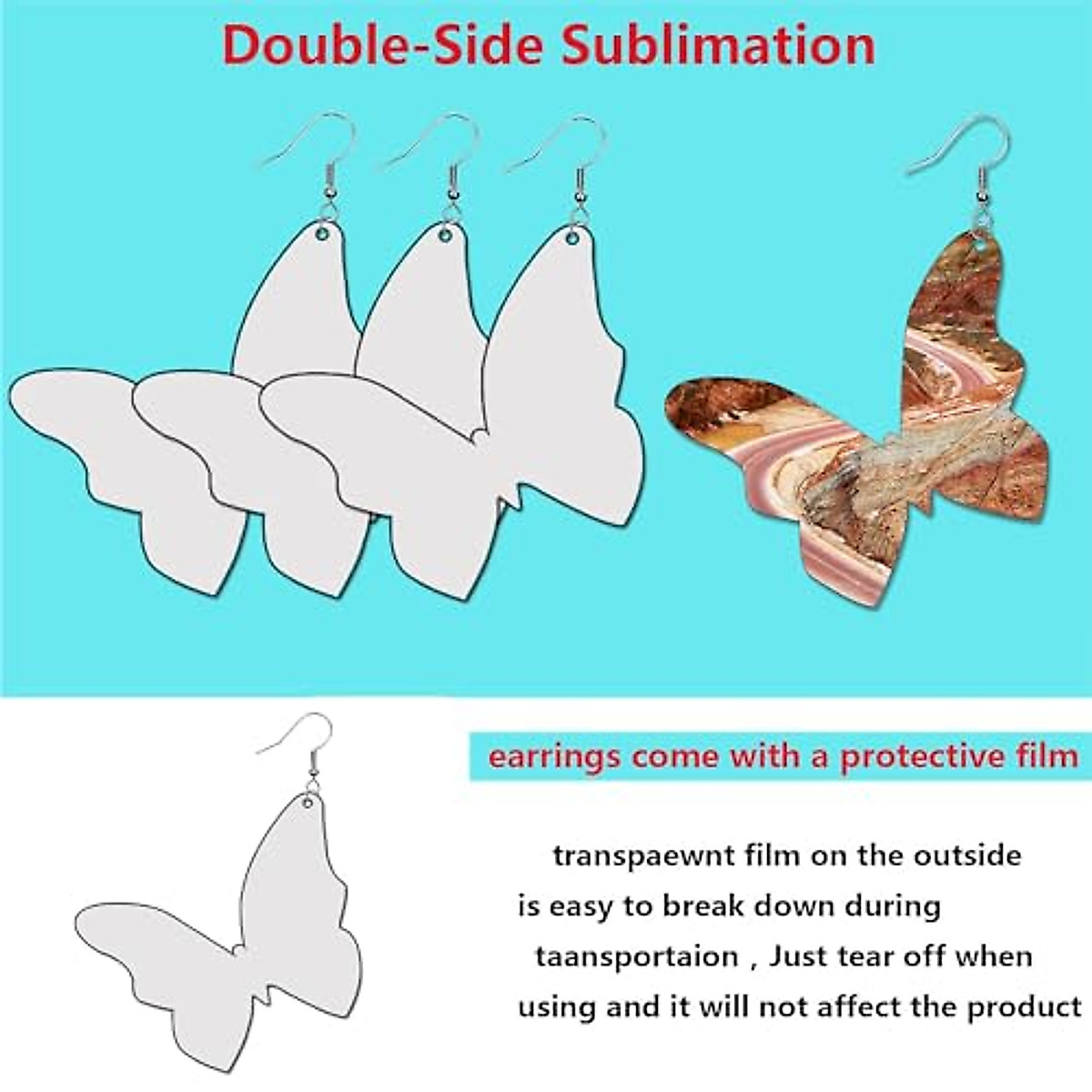 144 pcs Sublimation Earring Blanks Bulk MDF Animals Double-Sided Printing Halloween Christmas Sublimation Earring Blanks with Earring Hooks and Jump Rings (Butterfly)