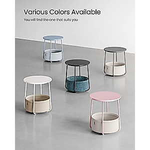 VASAGLE Small Round Side End Table, Modern Nightstand with Fabric Basket, Dove Gray, Classic White