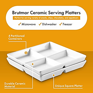Bruntmor Christmas Snacks Dinner Serving Tray Dish in White |10 x 10 inch Set Of 2 Decorative Ceramic Appetizer 4 -Compartment Serving Platter Tray | Christmas Platter | Chafing Dish | Serving Dishes